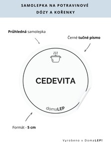 Samolepka na láhev CEDEVITA –  průměr 5 cm – průhledná vinylová, voděodolná, omyvatelná samolepka na dózy, tučné písmo