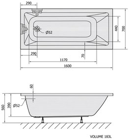 Polysan, NOEMI obdélníková vana 160x70x39cm, bílá, 71707