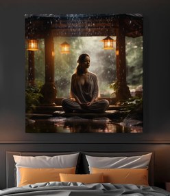 Obraz na plátně - Meditace, žena v altánku za deště FeelHappy.cz Velikost obrazu: 80 x 80 cm