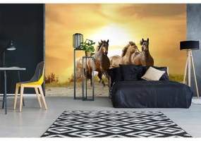 DIMEX | Samolepicí vliesová fototapeta na zeď Koně při západu slunce MA-5-0227 | 375 x 250 cm | žlutá, hnědá