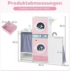 Costway Dřevěná dětská pračka na pračku s lahví na prací prostředek Iron Pink