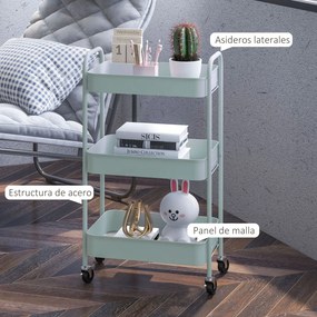 HOMCOM Skladovací vozík na kolečkách se 3 košíky a ocelovým rámem pro obývací pokoj, ložnici, kancelář a kuchyň 45x30x79 cm Světle modrá