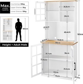 Kuchyňská skříňka Yaheetech – bílá, 80 cm (délka) × 37 cm (šířka) × 183 cm (výška) (256561749879)