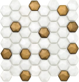 Euro Stone Skleněná mozaika Ebru Hexagon bílá/zlatá 29 x 29 cm