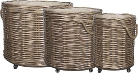 Sada 3ks hnědých košů French Basket Nature s kolečky – Ø 70*60/ Ø 54*50/ Ø 40*45 cm
