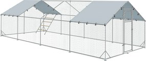 PawHut Kuřecí výběh z oceli, 3 x 8 x 1,95 m, kuřecí kurník s UV-odolným krytem, krmnými dvířky, zavěšeným krmítkem, bidlem, kuřecí ohrada pro 24-30 ku