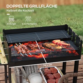 Outsunny gril na dřevěné uhlí BBQ kempinkový gril se dvěma rošty a odkládací plochou, kovový, černý 113x53,5x82,5cm na zahradu a terasu | Aosom.de