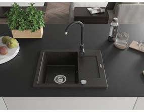 Mexen Enzo, 1-komorový granitový dřez s odkapávačem 58x47 cm a kuchyňskou baterií Telma, černá-zlatá, 6506-75-670200-70