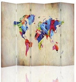 Ozdobný paraván Retro mapa světa - 180x170 cm, pětidílný, klasický paraván