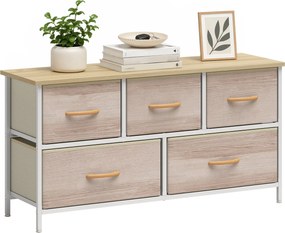 HOMCOM komoda s 5 látkovými zásuvkami a kovovým rámem — do ložnice, obýváku i kanceláře, přírodní dřevo/bílá | Aosom