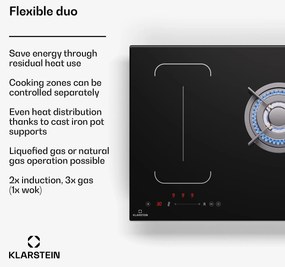 Klarstein MultiChef 5 Wok, indukční a plynová varná deska, 5 varných zón, 3 plynové hořáky, 2 indukční varné desky, FlexZone