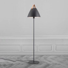 Stojací lampa Strap z kovu, kožený popruh, černá