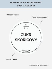 Samolepka na dózu CUKR SKOŘICOVÝ – bílá, 5 cm, tučné písmo
