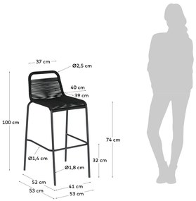 Černá barová židle s ocelovou konstrukcí Kave Home Glenville, výška 74 cm