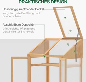 Outsunny Mini skleník, malý skleník s dřevěným rámem, okno a dvojité dveře, 3 police, 70L x 50B x 120V cm, hnědý