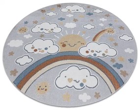 Kulatý dětský koberec BONO 8437 Mráčky Duha Nebe Sluníčko pratelný šedý krémový Rozměr: průměr 160 cm