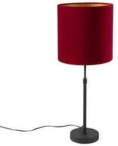 Stolní lampa černá s červeným sametovým stínítkem se zlatem 25 cm - Parte
