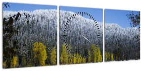 Obraz - zasněžené hory v zimě (s hodinami) (90x30 cm)