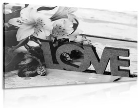 Obraz s dřevěným nápisem Love v černobílém provedení - 60x40 cm