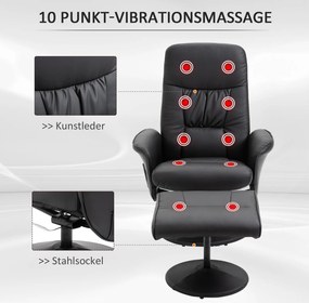 HOMCOM polohovací křeslo TV křeslo masážní křeslo s taburetem úložný prostor s 10 vibračními body umělá kůže černá 76 x 81 x 105 cm | Aosom