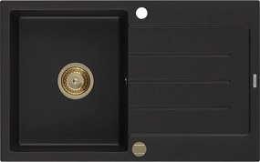 Mexen Bruno, granitový dřez 795x495x200 mm, 1-komorový, černá se zlatým sifonem, 6513791010-77-G