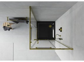 Mexen Rio, čtvercový sprchový kout s posuvnými dveřmi 70 (dveře) x 70 (dveře) x 190 cm, 5mm čiré sklo, zlatý profil + černá sprchová vanička SLIM se zlatým sifonem, 860-070-070-50-00-4070G
