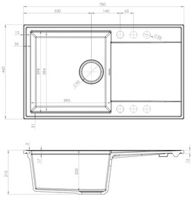 Sink Quality Sink55, kuchyňský granitový dřez 780x460x215 mm + zlatý sifon, šedá, SKQ-SINK.D.1KDOL.XG