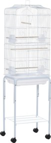 PawHut Ptačí Klec na Kolečkách 46,5x36x157 cm, Kovová Ptačí Klec se 4 Krmítky, 3 Hnízdy, Vyjímatelným Velkým Odtokem a Úložnou Policí pro Kanárky a A…