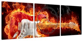 Obraz - Kytara v plamenech (s hodinami) (90x30 cm)