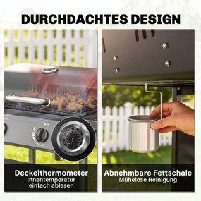 Outsunny Plynový gril 5 KW 2 hořáky BBQ grilovací vozík z nerezové oceli včetně bočního stolku spodní koš přední kryt teploměr smaltovaný grilovací r…