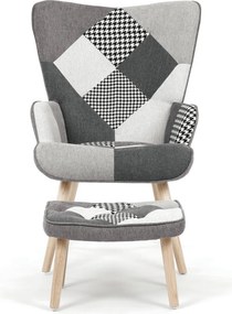 Relaxační křeslo ušák s podnožkou LYRO - šedá patchwork látka