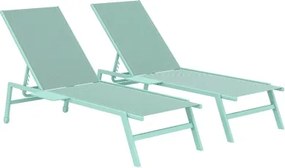 Outsunny sada 2 nastavitelných lehátek (5 poloh) s bočním stolkem a 2 kolečky, z kovu a polyesteru, zelená
