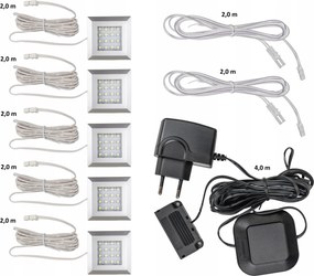 Led osvětlení Square 5 bodů, studená bílá barva s napájecím zdrojem pro výklenky a skříně