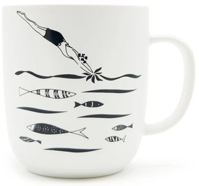 Porcelánový hrnek Plavkyně, bílý, 400 ml – minimalistický, motiv moře, vln a ryb