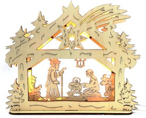 AMADEA Dřevěný svítící portál s motivem betléma, 28 cm