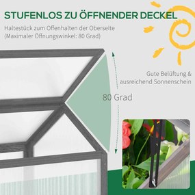 Outsunny Mini skleník, kompaktní rostlinný dům ze dřeva, polykarbonátové desky, větrací otvor, 90L x 52B x 49,5V cm, šedý