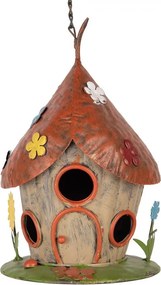 Barevná závěsná kovová dekorace ptačí budka s květy - ø 17*27/54 cm