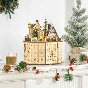 HOMCOM Adventní kalendář, box na adventní kalendář, vánoční dekorace, LED světla, 24 zásuvek, přírodní