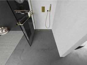 Mexen Kioto+, sprchová zástěna s poličkou a držákem na ručníky 100 x 200 cm, 8mm čiré sklo vzor černý, zlatý profil, 800-090-121-50-77