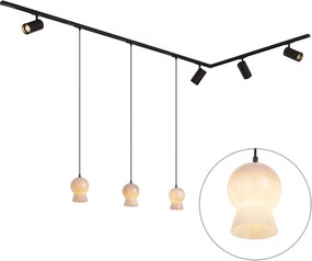 Moderní kolejnicový systém černý se 4 bodovými světly a 3 bílými závěsnými svítidly 1-fázový - Iconic Bell Jeana Luxe