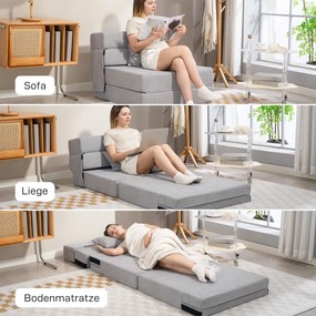 HOMCOM Podlahová pohovka, čalouněná pohovka, přeměnitelná na matraci, pěna, polštáře, světle šedá