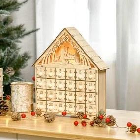 HOMCOM Adventní kalendář s LED osvětlením, 24 zásuvek, scéna betlému, 26,6 x 30 cm, vzhled dřeva