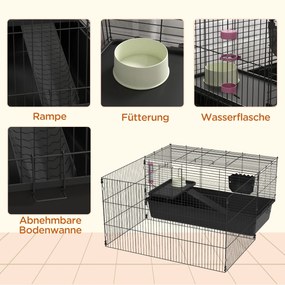 Bouda PawHut pro malá zvířata s výběhem, 112,5L x 99W x 54H cm, s lahví na vodu, krmítkem, miskou na krmení, pro malá zvířata, ocel, černá | Aosom