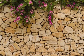 DIMEX | Samolepicí vliesová fototapeta na zeď Kamenná zeď s květy MA-5-2382 | 375 x 250 cm | fialová, hnědá