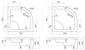Čtvrtkruhová hluboká sprchová vanička VIKI LUX 480 mm S 800 × 800 R550 VIKI LUX /800 80 cm 80 cm 8000047