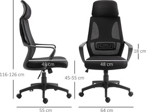 Vinsetto kancelářská židle s nastavitelným opěradlem, područkami, hlavovou opěrkou, kolečky a houpací funkcí, nosnost 120 kg, 64x55x116-126 cm, černá