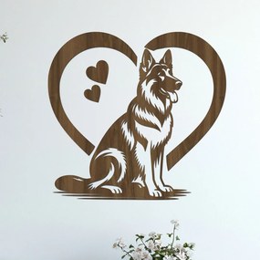 dřevo života Dřevěný obraz sedícího Německého ovčáka v srdci Zvolte rozměr (cm): 40x38, Zvolte barvu dekoru: Ořech