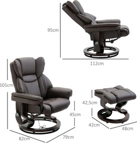 HOMCOM polohovatelné masážní křeslo s podnožkou a funkcí polohování, imitace kůže, hnědá 79x82x101 cm, pohodlné pro relaxaci a wellness