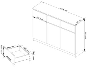 Komoda Karolína 140 cm 3 skříňky a 3 šuplíky bílá lesk