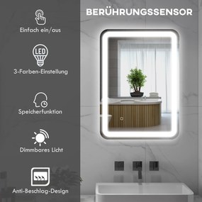 HOMCOM kleankin koupelnové zrcadlo LED 50 x 70 cm se 3 barvami světla a dotykovým spínačem, IP44, automatická ochrana proti zamlžení, paměťová funkce…